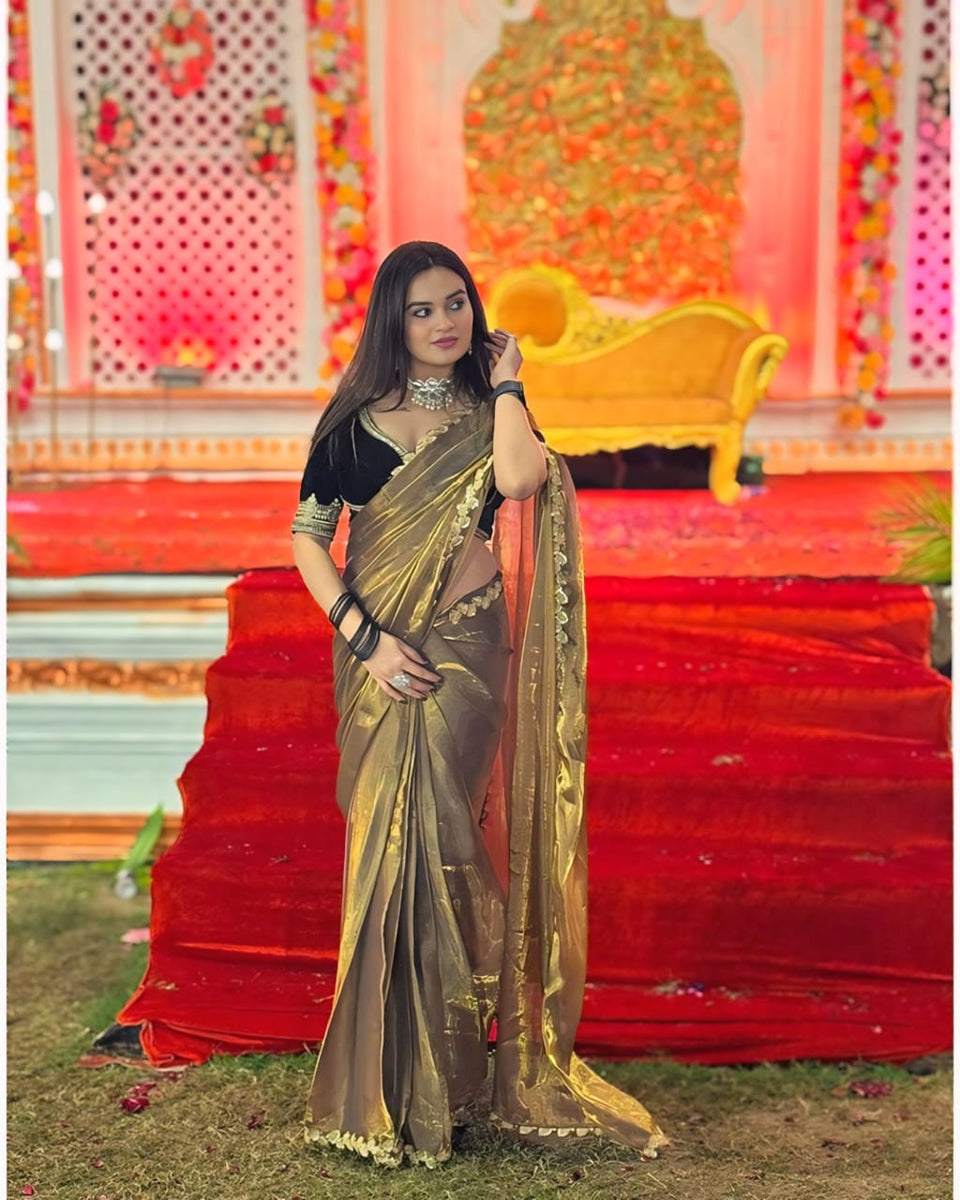 Translucent One Minute Ready To Wear Golden Tissue Silk Saree – Saree rang