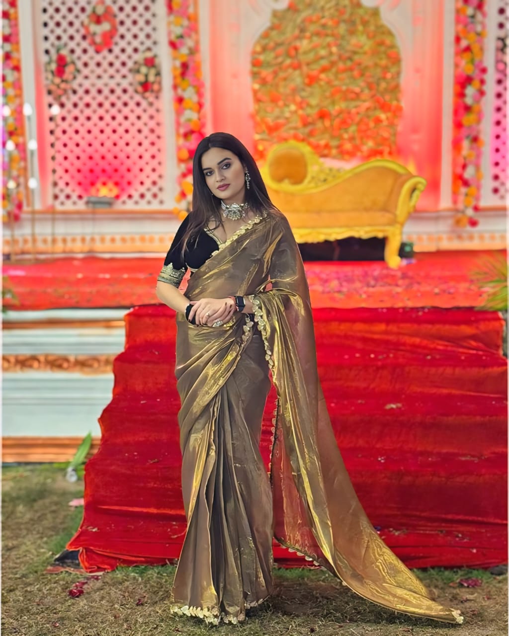 Translucent One Minute Ready To Wear Golden Tissue Silk Saree – Saree rang