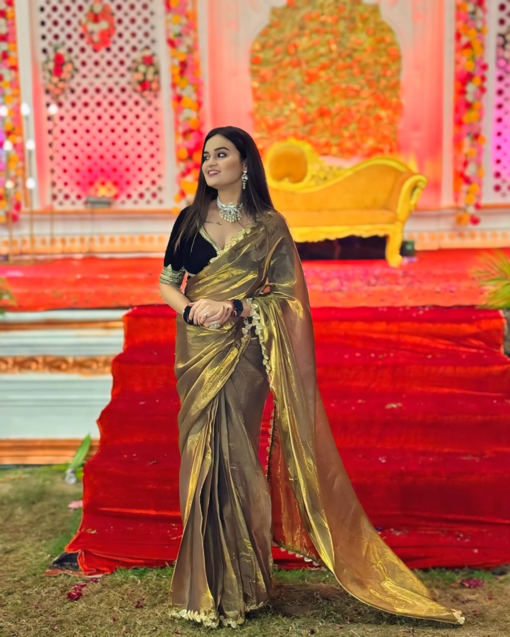 Translucent One Minute Ready To Wear Golden Tissue Silk Saree – Saree rang