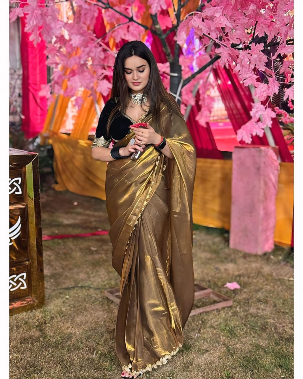 Translucent One Minute Ready To Wear Golden Tissue Silk Saree – Saree rang