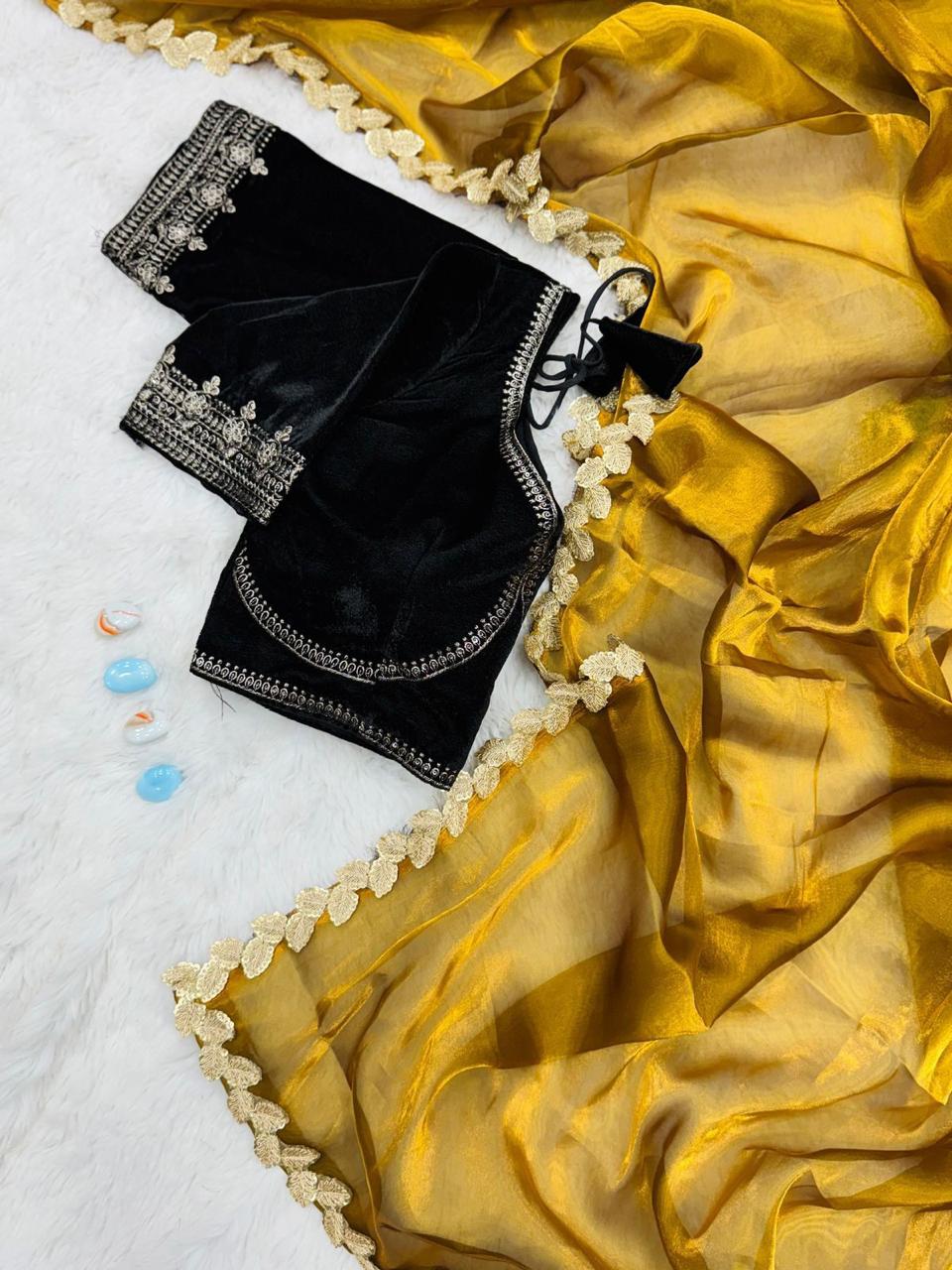 Translucent One Minute Ready To Wear Golden Tissue Silk Saree – Saree rang